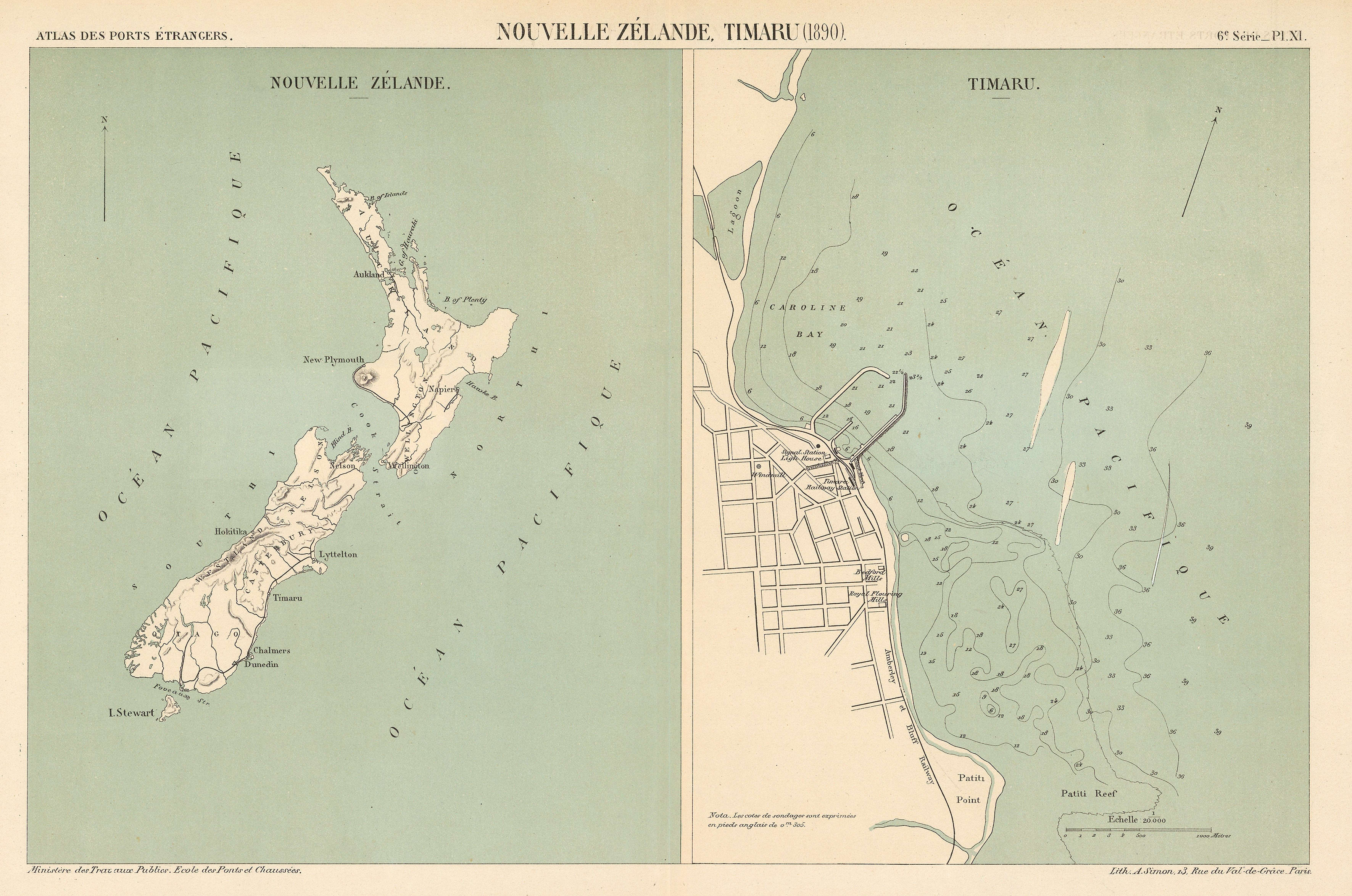 A. Simon, Timaru and port map of New Zealand, 1890 | The Map House