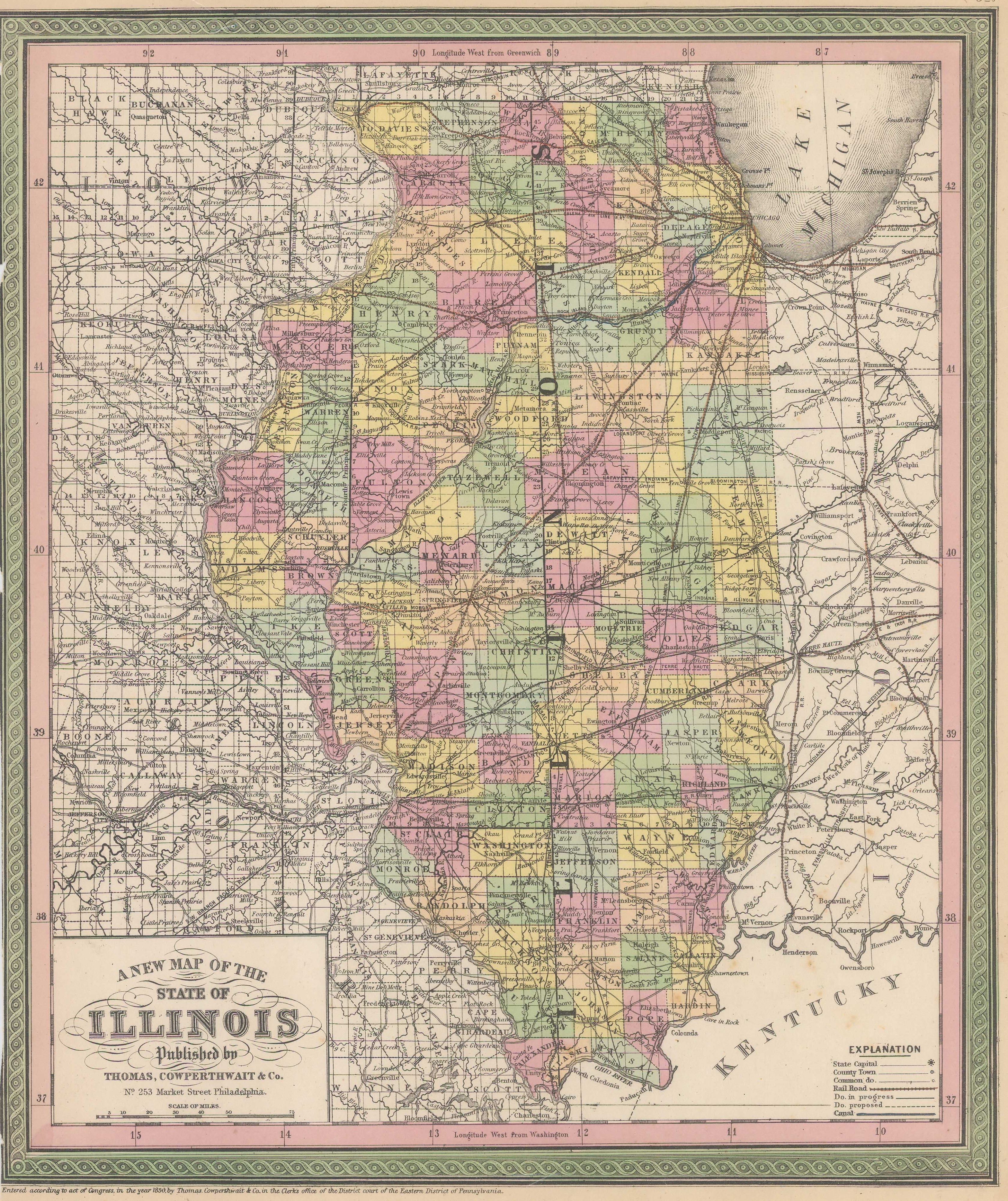 Samuel Augustus Mitchell, A New Map of the State of Illinois, 1850 ...