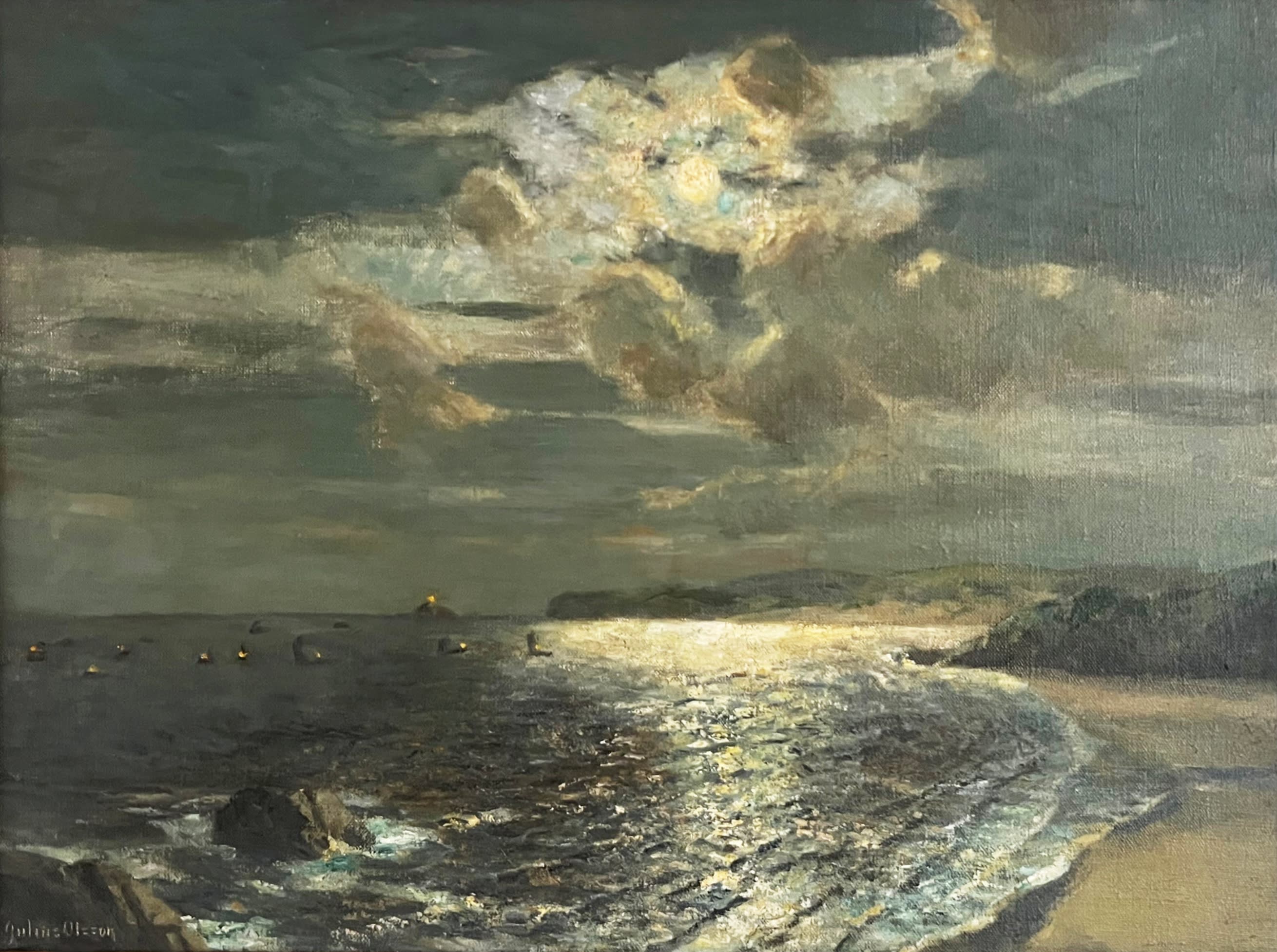 Julius Olsson, Moonlit Fleet in St Ives Bay, c. 1911 | Cornish Masters